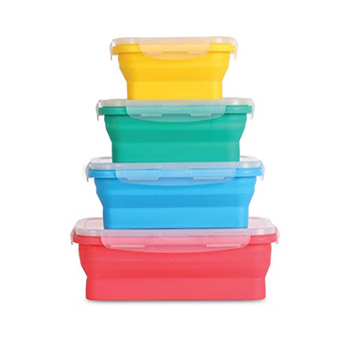 Collapsible silicone food storage containers w/BPA free airtight plastic lids-Set of 4 small and large meal cereal prep container bowl kitchen pantry organization, lunch boxes-Microwave & freezer