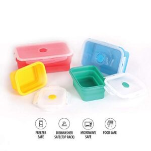 Collapsible silicone food storage containers w/BPA free airtight plastic lids-Set of 4 small and large meal cereal prep container bowl kitchen pantry organization, lunch boxes-Microwave & freezer