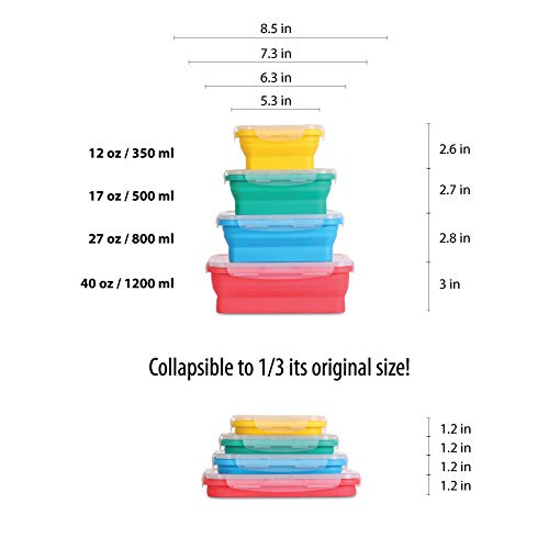 Collapsible silicone food storage containers w/BPA free airtight plastic lids-Set of 4 small and large meal cereal prep container bowl kitchen pantry organization, lunch boxes-Microwave & freezer