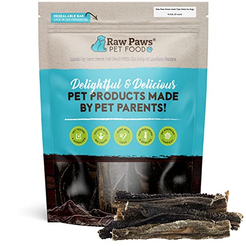 Raw Paws Green Lamb Tripe Sticks for Dogs, 25-Pack - Single Ingredient, Crunchy Green Tripe Lamb Dog Treats - Grass-Fed, Free Range Dehydrated Lamb Tripe for Dogs All Natural Dog Chews