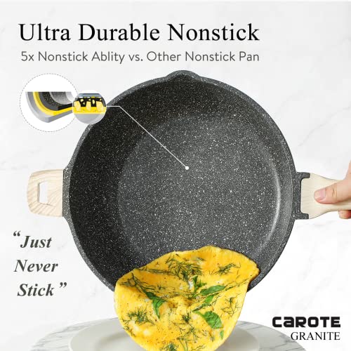 CAROTE 6 Qt Nonstick Deep Frying Pan with Lid,12.5 Inch Skillet Saute Pan PFOA Free Induction Cookware,Granite Frying Pan for Cooking(Classic Granite)