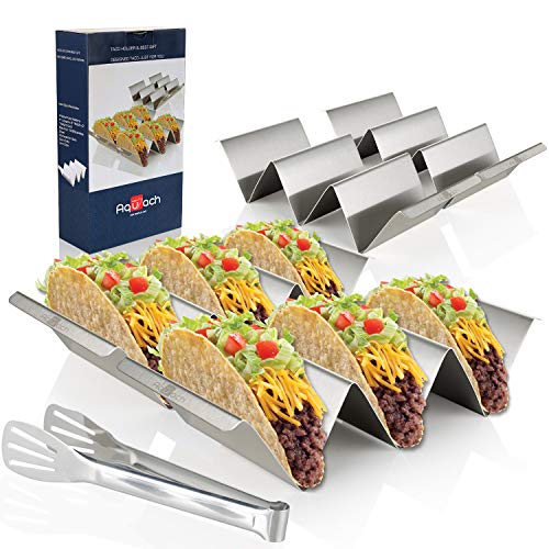 Taco Holders Stainless Steel Set of 4, Oven&Grill&Dishwasher Safe, Taco Accessories for Taco Tuesday Party, Easy-To-Hold Handle, Smooth Edge for Safe Use