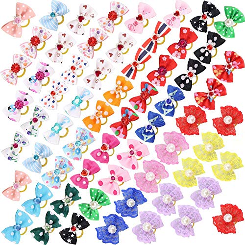 Comsmart 60Pcs 30 Pairs Yorkie Dog Puppy Hair Bows with Rubber Bands & Rhinestone Pearls & Handmade Lace Fabric, Cute Pet Small Hair Bowknot Grooming Accessories