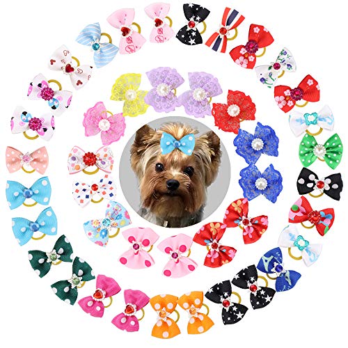 Comsmart 60Pcs 30 Pairs Yorkie Dog Puppy Hair Bows with Rubber Bands & Rhinestone Pearls & Handmade Lace Fabric, Cute Pet Small Hair Bowknot Grooming Accessories