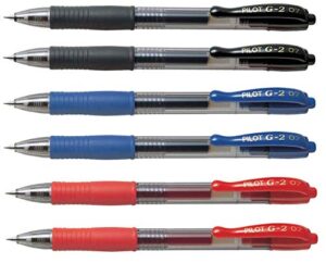 pilot g2 pens retractable gel roller ballpoint 07 fine point black, blue & red bundle (6)