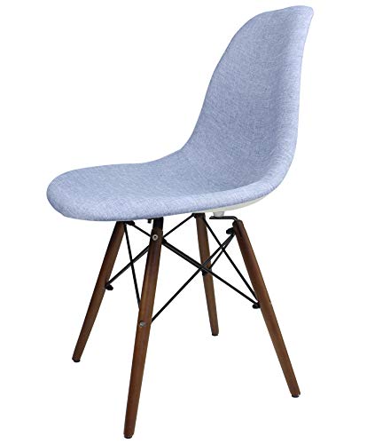 CozyBlock Mid-Century Modern Woven Fabric Upholstered Accent Side Dining Chair with Dark Walnut Wood Eiffel Legs Set of 2 (Denim Blue)