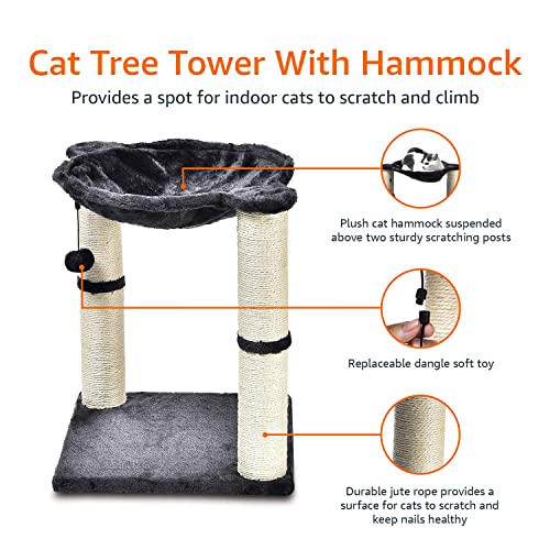 Amazon Basics Cat Tower with Hammock and Scratching Posts for Indoor Cats, 15.8 x 15.8 x 19.7 Inches, Gray