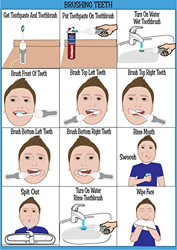 HOM ABA/OT Approved Step-by-Step Laminated 9X12" Tooth Brushing Chart for Kids. Ideal for Children with Autism or Special Needs. Helps with Independence and self Care. PECS, Autism, Visual Schedules