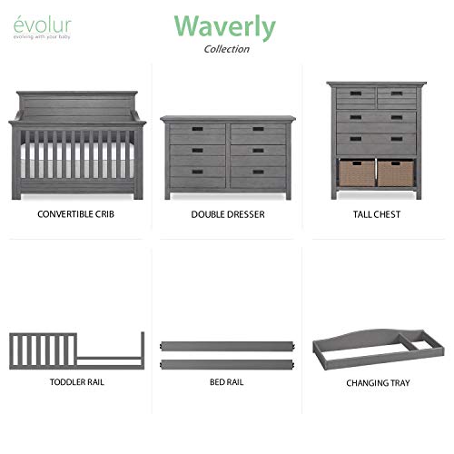 Evolur Waverly 5-in-1 Full Panel Convertible Crib in Rustic Grey, Greenguard Gold Certified , 58.75x31.25x46.5 Inch (Pack of 1)