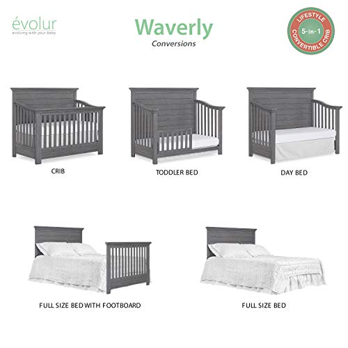 Evolur Waverly 5-in-1 Full Panel Convertible Crib in Rustic Grey, Greenguard Gold Certified , 58.75x31.25x46.5 Inch (Pack of 1)