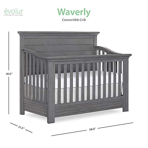 Evolur Waverly 5-in-1 Full Panel Convertible Crib in Rustic Grey, Greenguard Gold Certified , 58.75x31.25x46.5 Inch (Pack of 1)