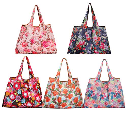 wyxis 5 Pack Eco Friendly Large Floral Tote Bag Foldable Nylon Groceries Bag Fits in Pocket