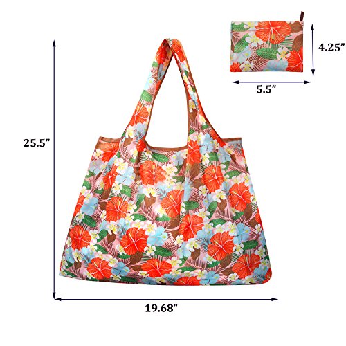 wyxis 5 Pack Eco Friendly Large Floral Tote Bag Foldable Nylon Groceries Bag Fits in Pocket