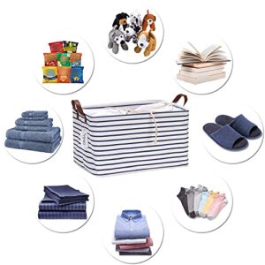 Hinwo 31L Large Storage Bins, Closet Organizers and Storage, Shelf Baskets, Foldable Clothes Storage Baskets with Handles, Containers for Clothing, Blanket, Towels, Toys, Bedding (Navy Stripe)