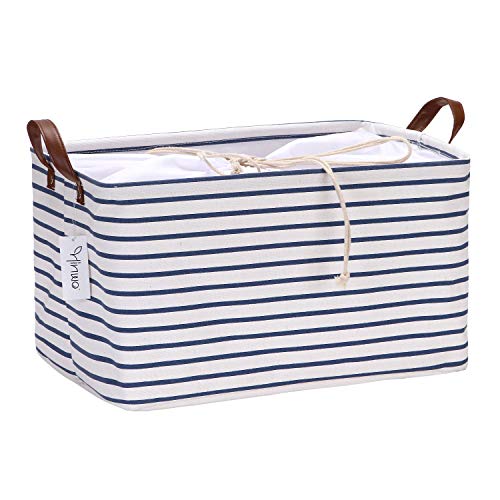 Hinwo 31L Large Storage Bins, Closet Organizers and Storage, Shelf Baskets, Foldable Clothes Storage Baskets with Handles, Containers for Clothing, Blanket, Towels, Toys, Bedding (Navy Stripe)