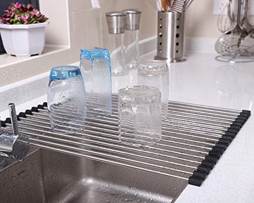 Roll Up Dish Drying Rack Over The Sink Dish Drying Rack Portable Stainless Steel Rolling Rack Kitchen Rolling Dish Drainer Sink Rack Mat Dish Racks for Kitchen Sink Counter (17.7" L x 13" W, Black)