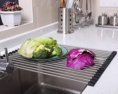 Roll Up Dish Drying Rack Over The Sink Dish Drying Rack Portable Stainless Steel Rolling Rack Kitchen Rolling Dish Drainer Sink Rack Mat Dish Racks for Kitchen Sink Counter (17.7" L x 13" W, Black)