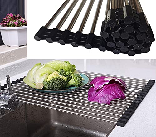 Roll Up Dish Drying Rack Over The Sink Dish Drying Rack Portable Stainless Steel Rolling Rack Kitchen Rolling Dish Drainer Sink Rack Mat Dish Racks for Kitchen Sink Counter (17.7" L x 13" W, Black)