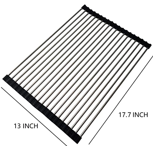 Roll Up Dish Drying Rack Over The Sink Dish Drying Rack Portable Stainless Steel Rolling Rack Kitchen Rolling Dish Drainer Sink Rack Mat Dish Racks for Kitchen Sink Counter (17.7" L x 13" W, Black)