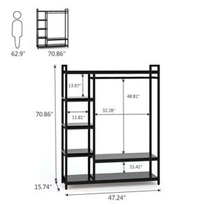 LITTLE TREE Free -Standing Closet Organizer,Heavy Duty Closet Storage with 6 Shelves and Hanging Bar, Large Clothes Storage & Standing Garmen Rack, Black