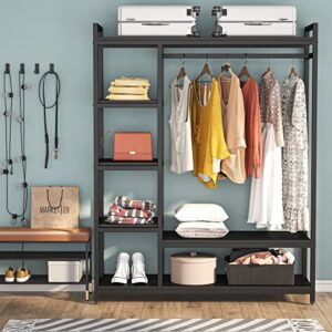 LITTLE TREE Free -Standing Closet Organizer,Heavy Duty Closet Storage with 6 Shelves and Hanging Bar, Large Clothes Storage & Standing Garmen Rack, Black