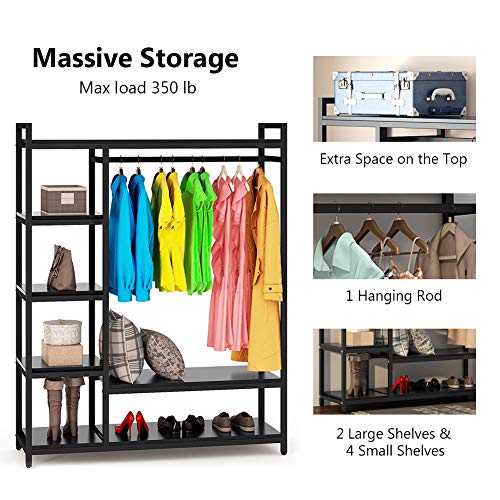 LITTLE TREE Free -Standing Closet Organizer,Heavy Duty Closet Storage with 6 Shelves and Hanging Bar, Large Clothes Storage & Standing Garmen Rack, Black