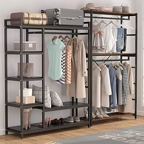 LITTLE TREE Free -Standing Closet Organizer,Heavy Duty Closet Storage with 6 Shelves and Hanging Bar, Large Clothes Storage & Standing Garmen Rack, Black