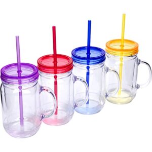 zephyr canyon plastic mason jars with handles, lids and straws | 20 oz double insulated tumbler with straw | 4 pack set of 4 | wide mouth mason jar mugs | cups for kids and adults…