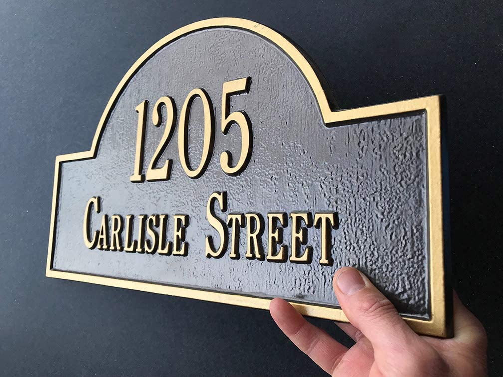 Whitehall™ Personalized Cast Metal Address plaque - LAWN MOUNTED Arch Plaque. Made in the USA. BEWARE OF IMPORT IMITATIONS. Display your address and street name. Custom house number sign.