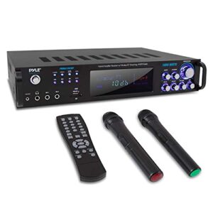 4 channel bluetooth power amplifier - 1000w home audio rack mount stereo receiver w/am fm radio, usb, headphone, dual wireless mic w/echo for karaoke, led, for speaker sound system - pyle pwma1003bt