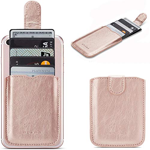 Phone Card Holder RFID Blocking Sleeve, Pu Leather Back Phone Wallet Stick-On Pull up 5 Card Holder Universally Pocket Covers Credit Cards Cash for iPhone/Android/Samsung/All Smartphones(RoseGold)