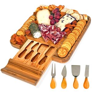 frux cheese board and knife set. wood charcuterie board set, a perfect serving platter for meat, cheese, crackers and wine. all natural bamboo with 4 stainless steel cheese knives and server.