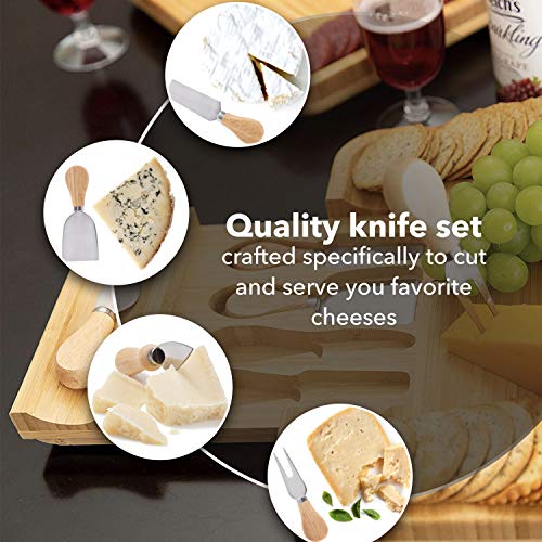 Frux Cheese Board and Knife Set. Wood Charcuterie Board Set, A Perfect Serving Platter for Meat, Cheese, Crackers and Wine. All Natural Bamboo with 4 Stainless Steel Cheese Knives and Server.