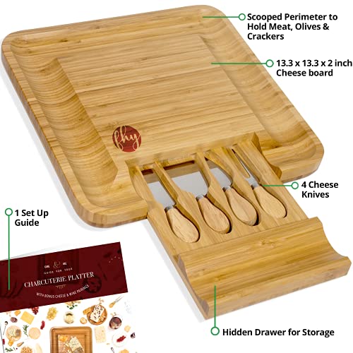 Frux Cheese Board and Knife Set. Wood Charcuterie Board Set, A Perfect Serving Platter for Meat, Cheese, Crackers and Wine. All Natural Bamboo with 4 Stainless Steel Cheese Knives and Server.