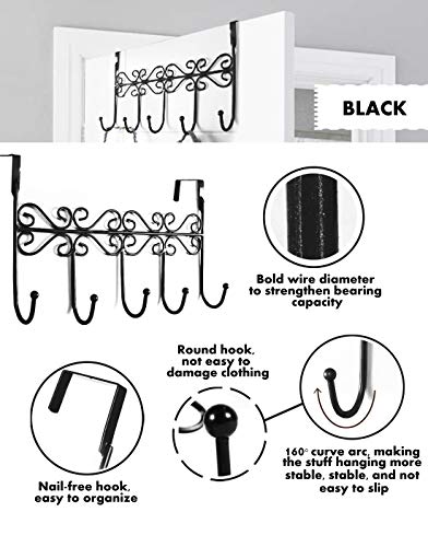 Youdepot Over The Door Hook,Over Door Towel Rack,Over Door Coat Rack,Door Hanger Hook， Behind Back of Bathroom, Towel Hanger 5 Hooks （Black ）