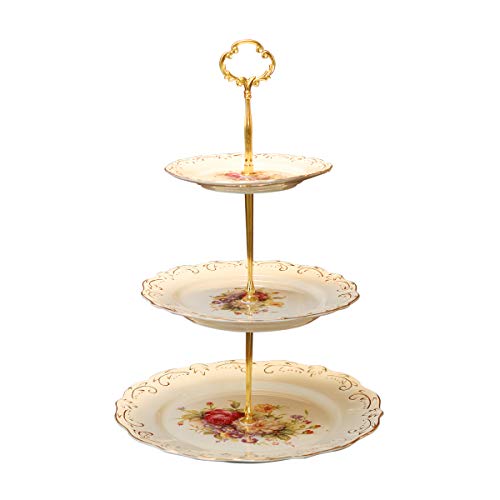 YOLIFE 3 Tiered Cupcake Stand, Cream Color Cake Platters, Flowering Shrubs Emboss Golden Leaves Edge Porcelain Tea Serving Tower Tray for Party Dessert Pastry