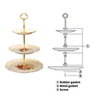 YOLIFE 3 Tiered Cupcake Stand, Cream Color Cake Platters, Flowering Shrubs Emboss Golden Leaves Edge Porcelain Tea Serving Tower Tray for Party Dessert Pastry