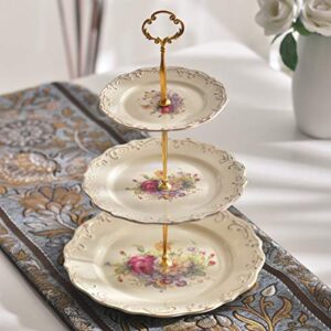 YOLIFE 3 Tiered Cupcake Stand, Cream Color Cake Platters, Flowering Shrubs Emboss Golden Leaves Edge Porcelain Tea Serving Tower Tray for Party Dessert Pastry