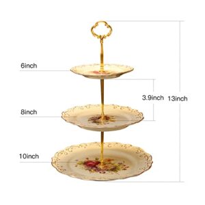 YOLIFE 3 Tiered Cupcake Stand, Cream Color Cake Platters, Flowering Shrubs Emboss Golden Leaves Edge Porcelain Tea Serving Tower Tray for Party Dessert Pastry