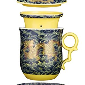 YURROAD Chinese Dragon Pattern Tea-Mug with Strainer Infuser and Lid and Saucer Ceramic Tea Mug Convenient System Chinese Porcelain Personal Tea Cup 13.5oz(400ml) - DARK GREEN TC400