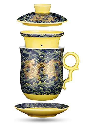 YURROAD Chinese Dragon Pattern Tea-Mug with Strainer Infuser and Lid and Saucer Ceramic Tea Mug Convenient System Chinese Porcelain Personal Tea Cup 13.5oz(400ml) - DARK GREEN TC400