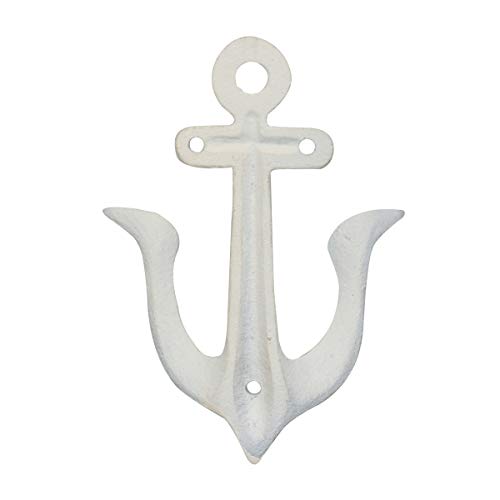 Stonebriar Antique Worn White Cast Iron Anchor Double Wall Hook, Rustic Nautical Design