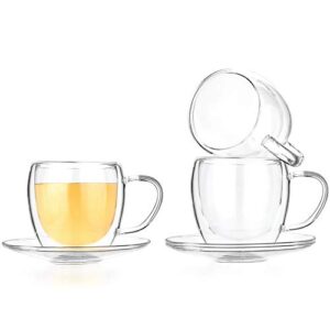 tealyra - 8.5-ounce double wall glasses and saucer - set of 4 - espresso coffee - tea - cappuccino - clear cups - heatproof insulating - keeps beverages hot - 250ml