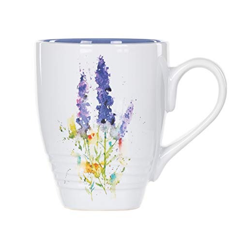 DEMDACO Dean Crouser Lavender Flower Watercolor Blue 16 Ounce Glossy Ceramic Stoneware Floral Mug with Easy Grip Handle