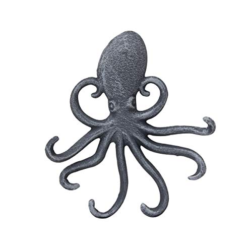 Stonebriar Cast Iron Octopus Decorative Wall Hook, Unique Nautical Design, Multiple Hooks , Silver 6.7" x 6"