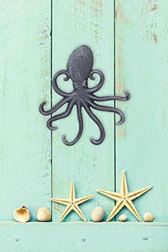 Stonebriar Cast Iron Octopus Decorative Wall Hook, Unique Nautical Design, Multiple Hooks , Silver 6.7" x 6"