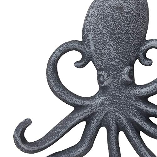 Stonebriar Cast Iron Octopus Decorative Wall Hook, Unique Nautical Design, Multiple Hooks , Silver 6.7" x 6"