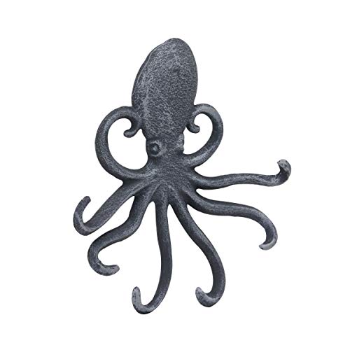 Stonebriar Cast Iron Octopus Decorative Wall Hook, Unique Nautical Design, Multiple Hooks , Silver 6.7" x 6"