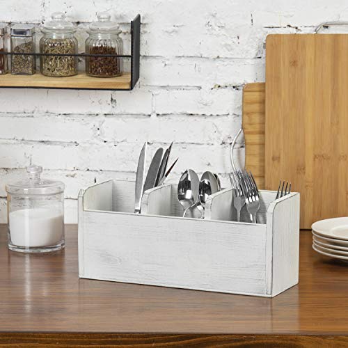 MyGift Vintage White Wood Kitchen Utensil Holder for Countertop with 3 Compartments, Coffee Bar Condiment Organizer Tray