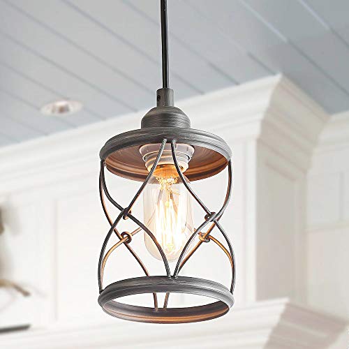 LALUZ Pendant Lighting for Kitchen Island, Hallway, Rustic Industrial Cage Hanging Fixture, Silver Brushed, Mini Size, 4.75 Inches